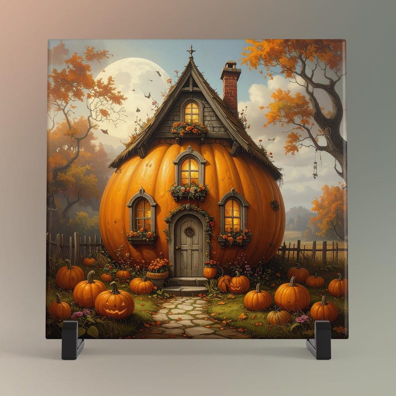 Autumn Pumpkin House Ceramic Tile, Rustic Fall Decor, Thanksgiving Gift ...
