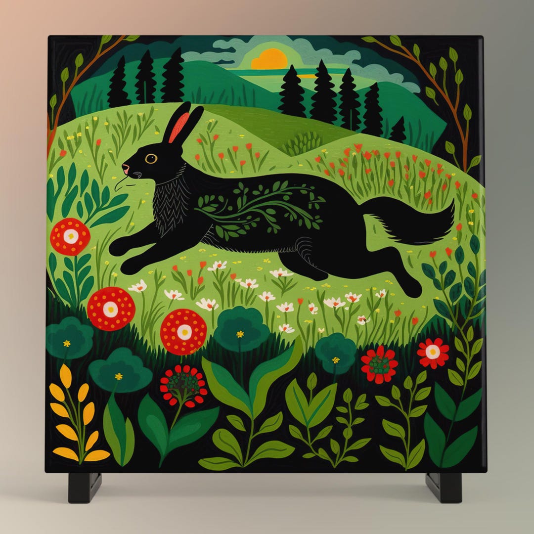 Rabbit Folk Art Ceramic Tile | Rabbit Art | Ceramic Wall Tile | Spring ...