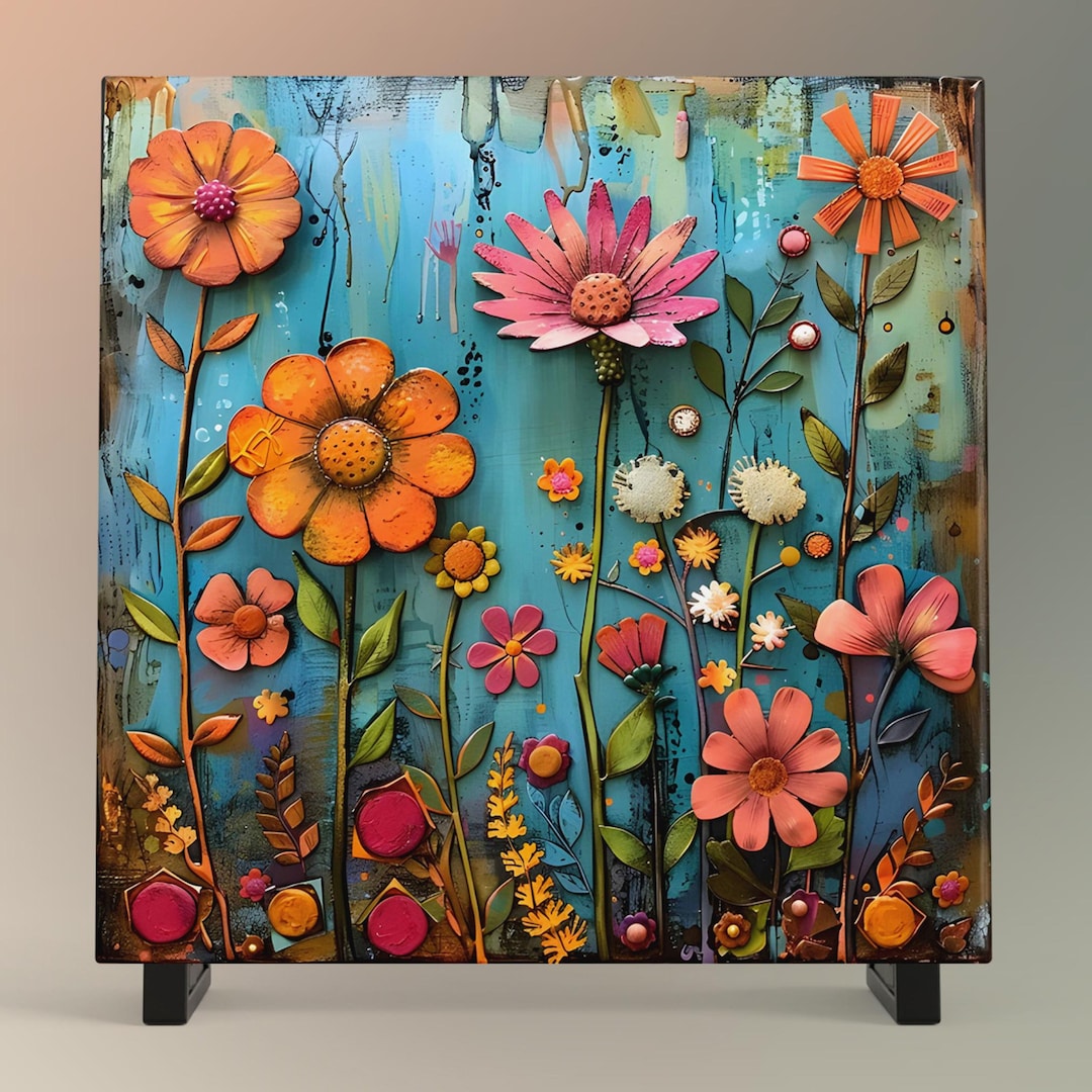 Abstract Wildflower Ceramic Art Tile | Botanical Wall Decor - Etsy