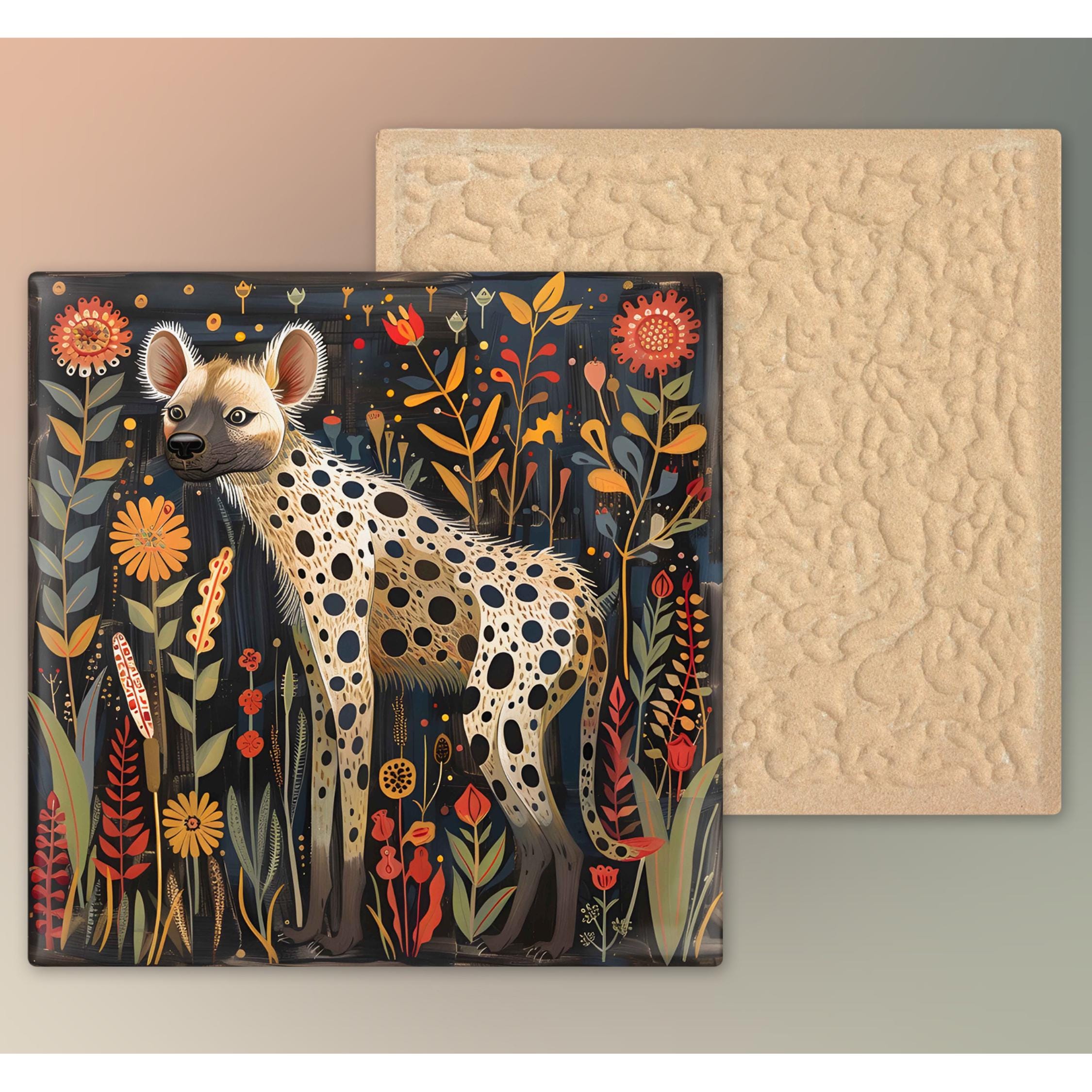 African Animals Ceramic Art Tile, Hyena Folk Art Design for Unique Boho ...