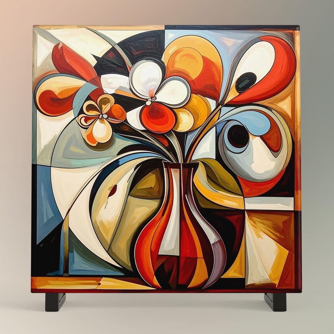 Cubism Ceramic Tile Art – Floral Vase, Vibrant Wall Decor - Etsy