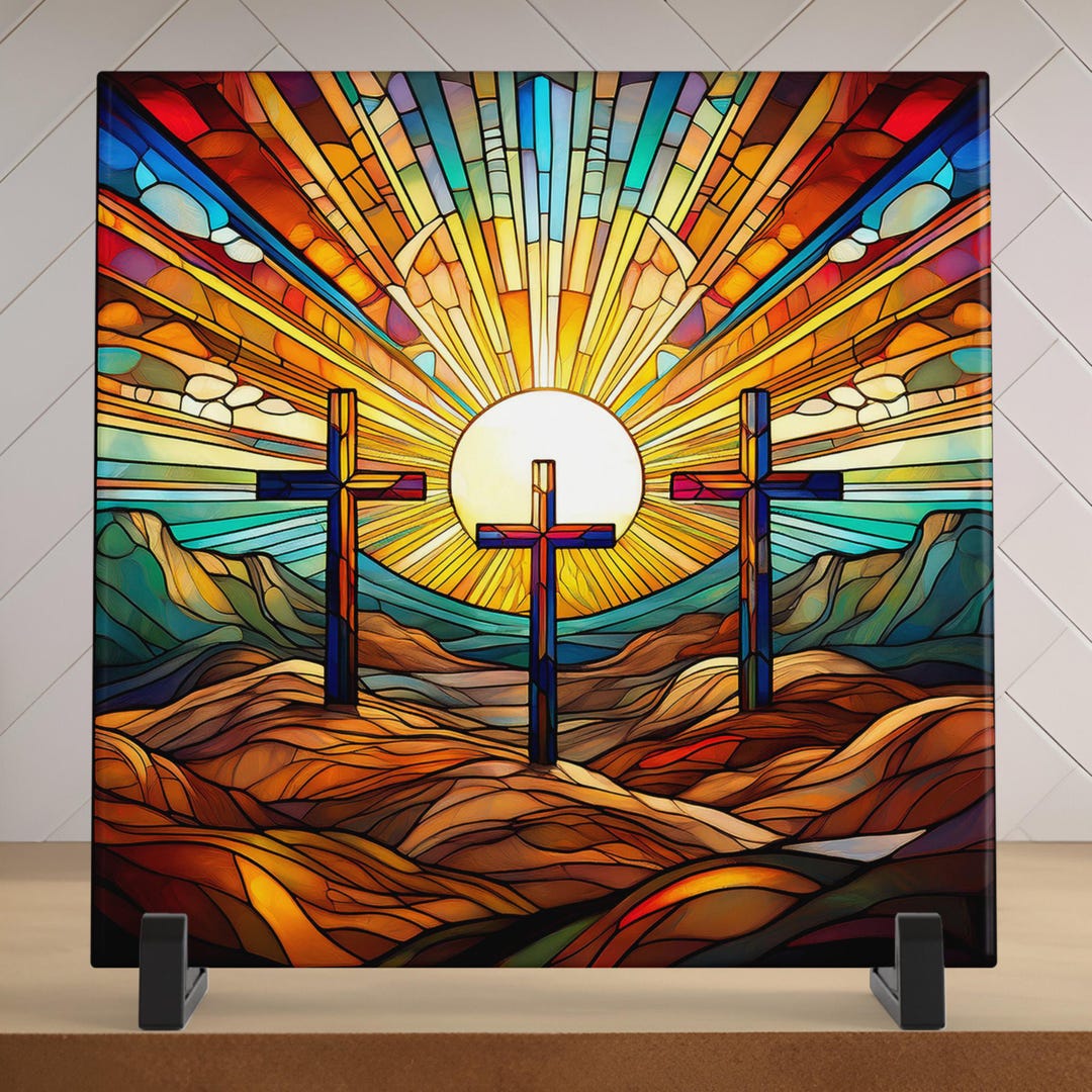 Christian Cross Ceramic Art Tile, Stained Glass Look Religious Decor ...