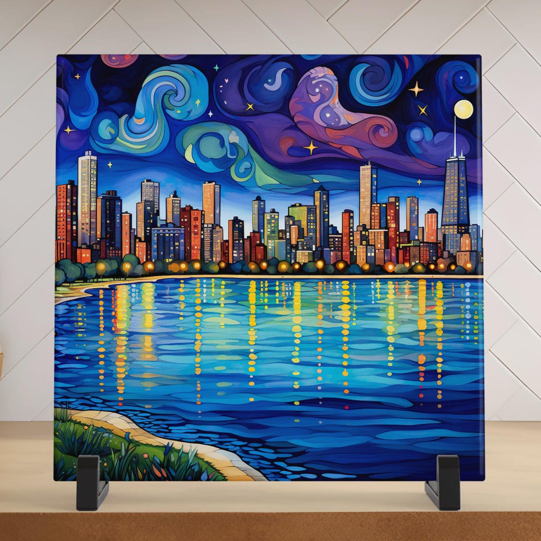 Chicago Starry Night Ceramic Tile, Whimsical Lakefront Art, Cityscape ...