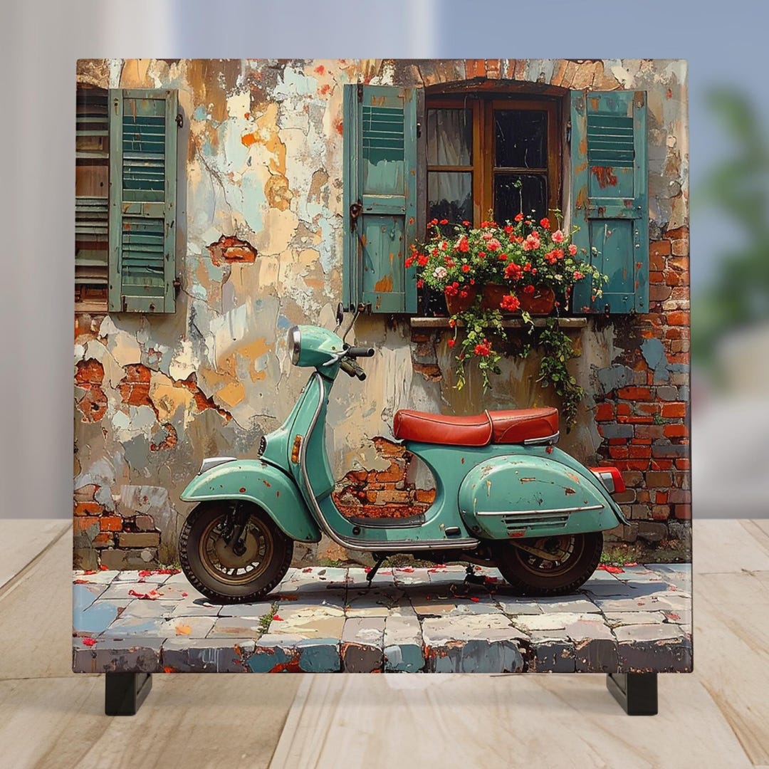 Rustic Scooter Ceramic Art Tile – Italian Village Floral Design - Etsy