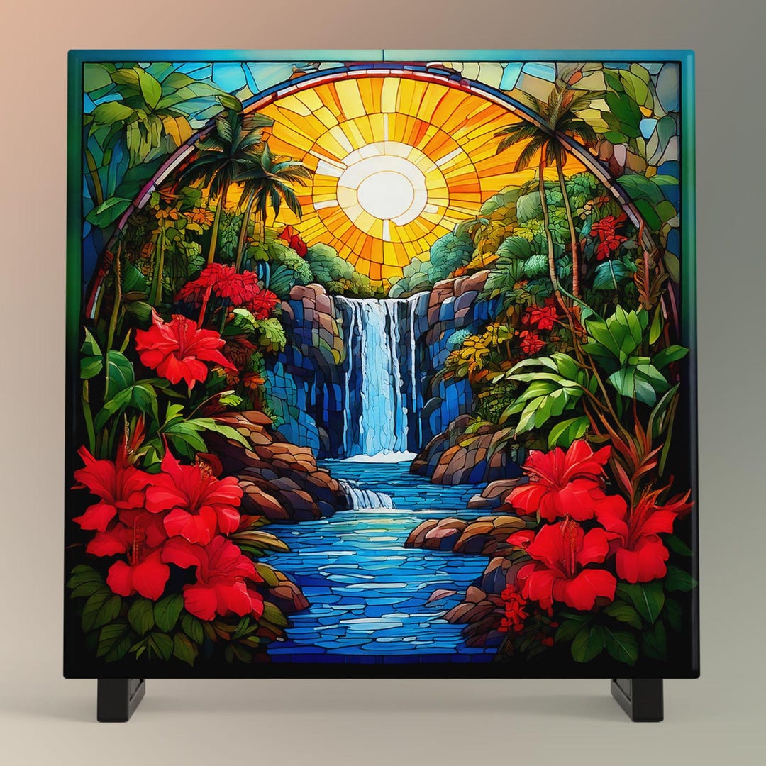 Art Nouveau Waterfall Ceramic Tile, Stained Glass Effect, Tropical ...