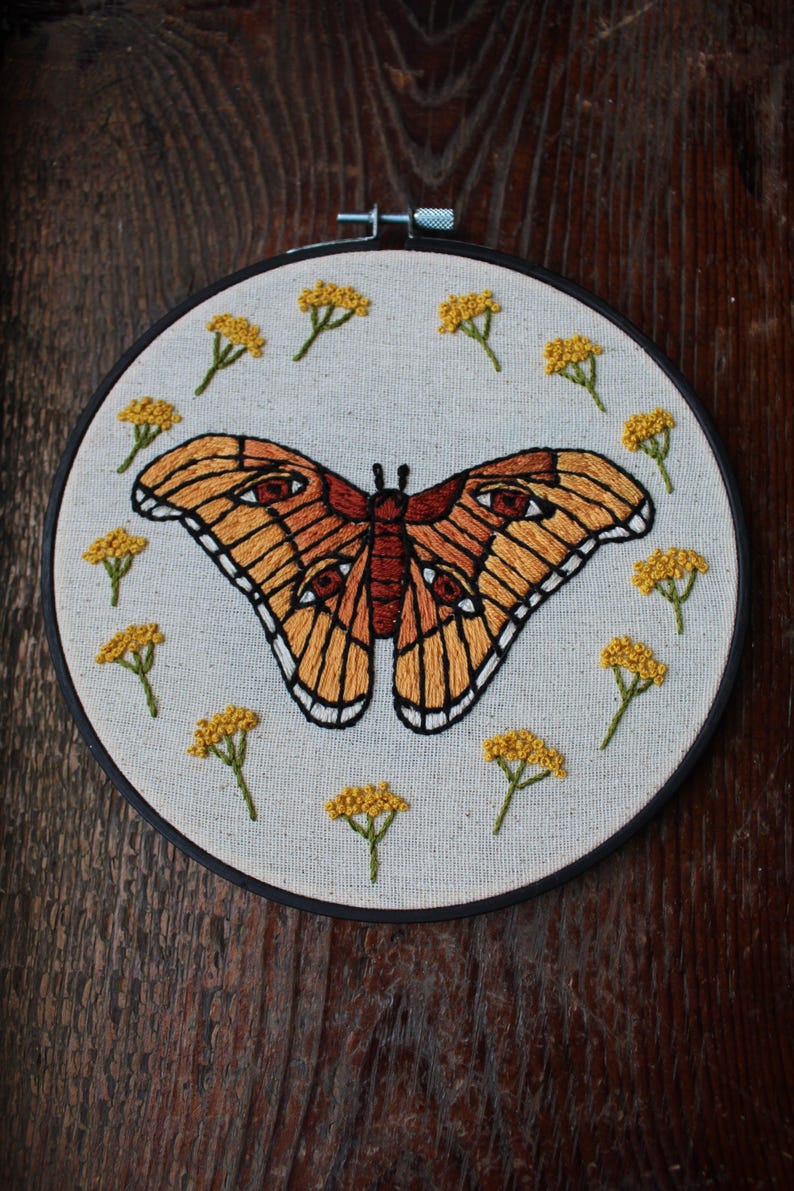 Atlas Eye Moth and Yarrow Hand Embroidered in 6” Black Bamboo Hoop - Etsy