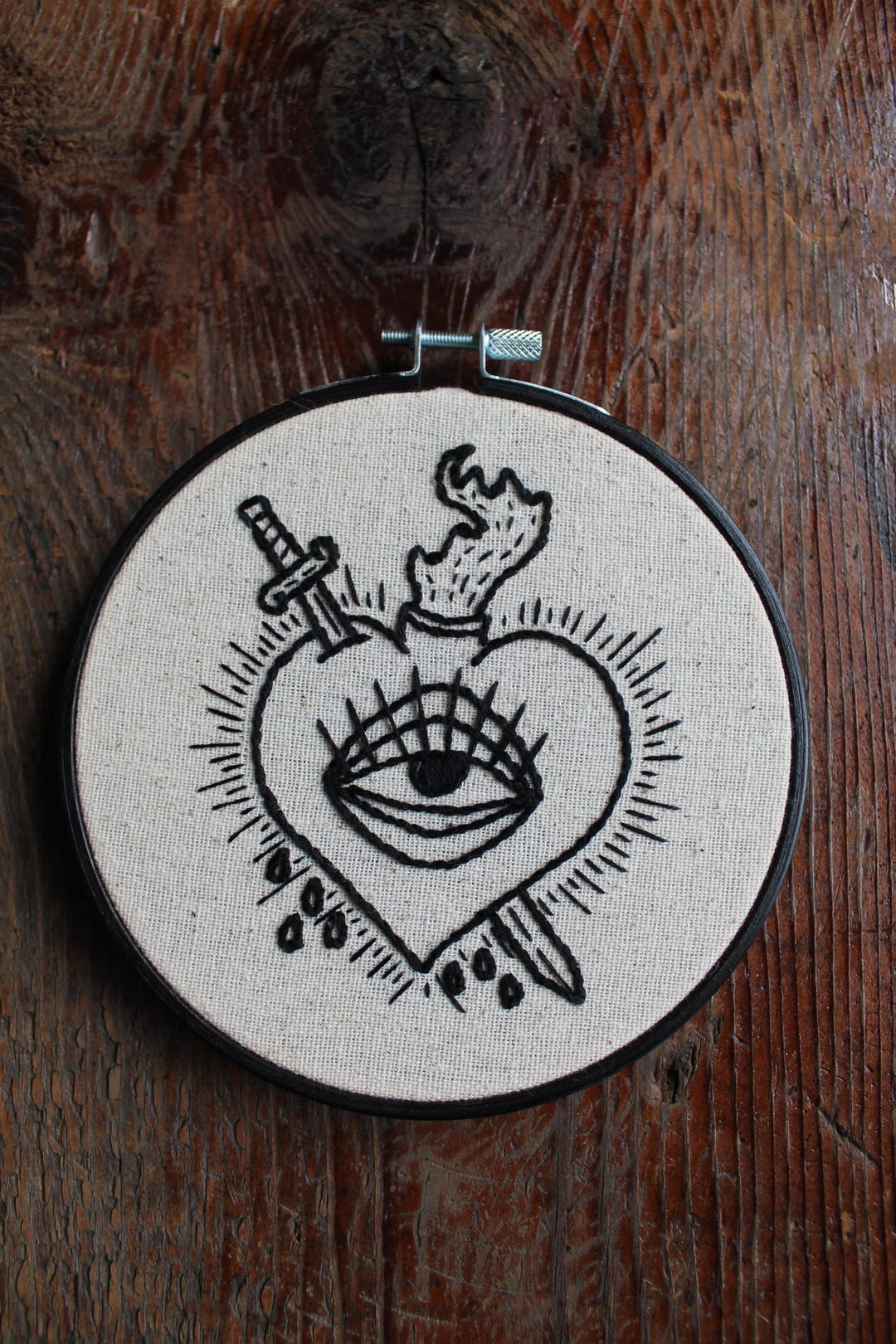 Flaming Heart 5" Black Bamboo Hoop Hand Embroidered in Black - Etsy