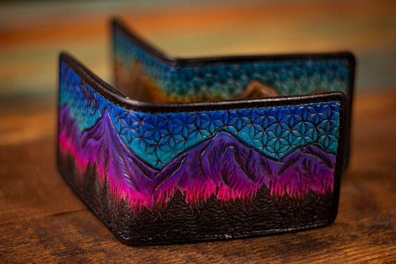 Men's Tooled Leather Wallet Mountains and Trees Sunset - Etsy
