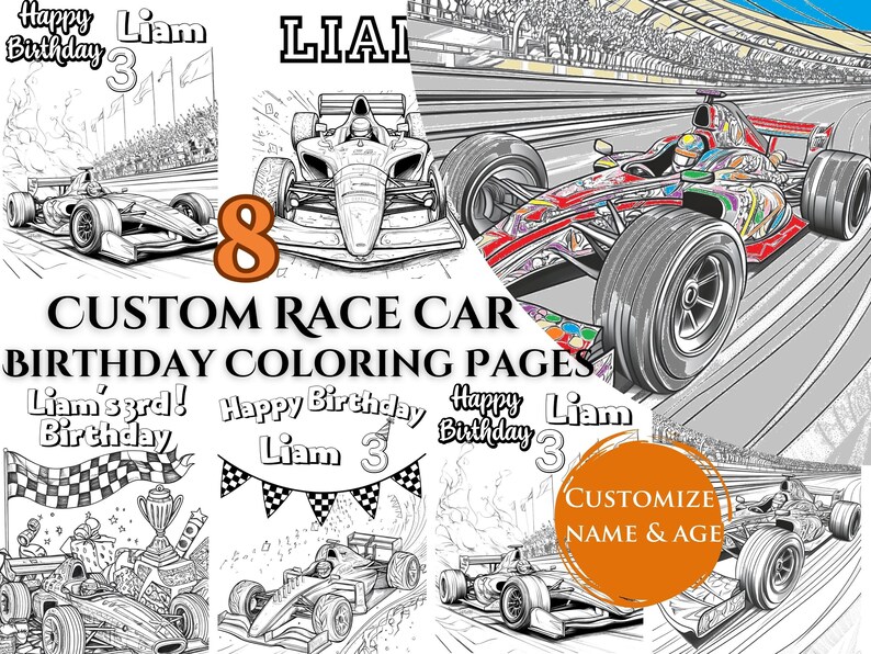 Custom Birthday Race Car Coloring Pages Kids Birthday Party Favor, 8 ...