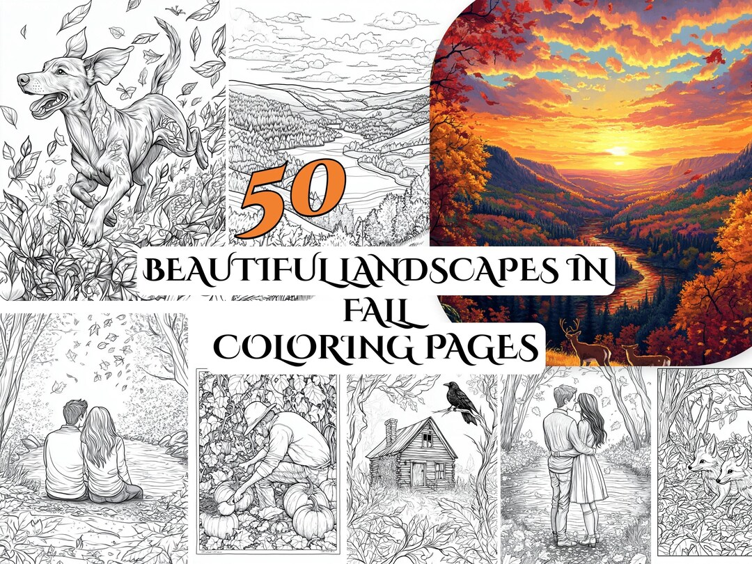 50 Beautiful Landscapes in Fall Coloring Pages – Autumn Scenes for ...