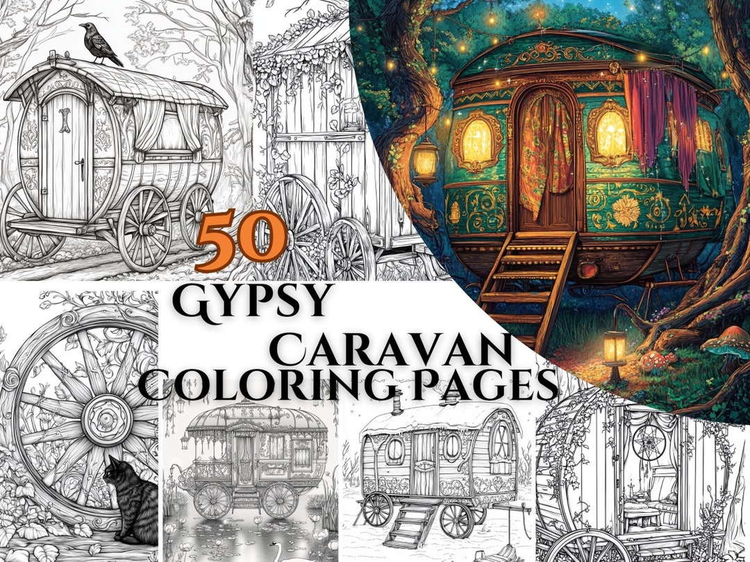 50 Gypsy Caravan Coloring Pages – Bohemian Wagon, Magic Coloring ...