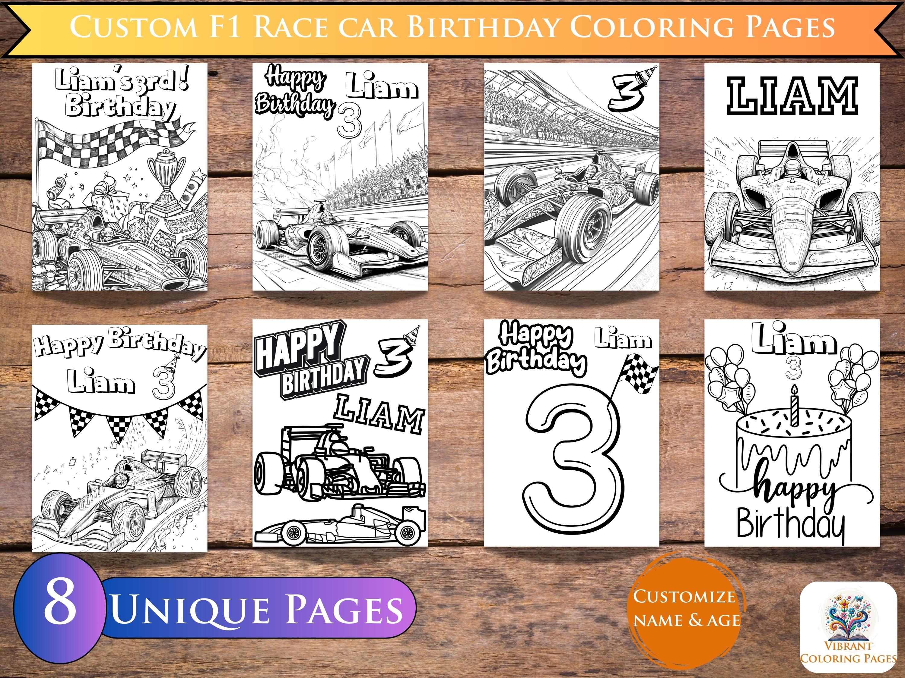 Custom Birthday Race Car Coloring Pages Kids Birthday Party Favor, 8 ...