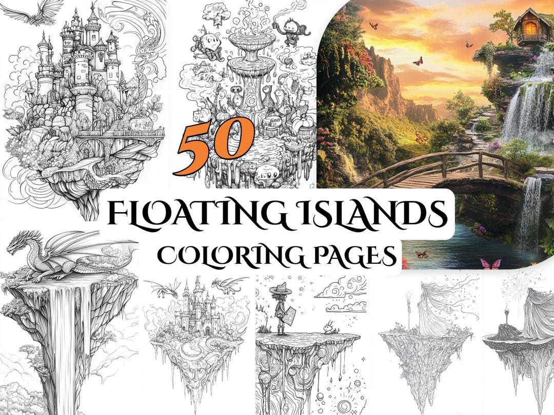 50 Floating Islands Coloring Pages – Enchanting Adult Coloring Book ...