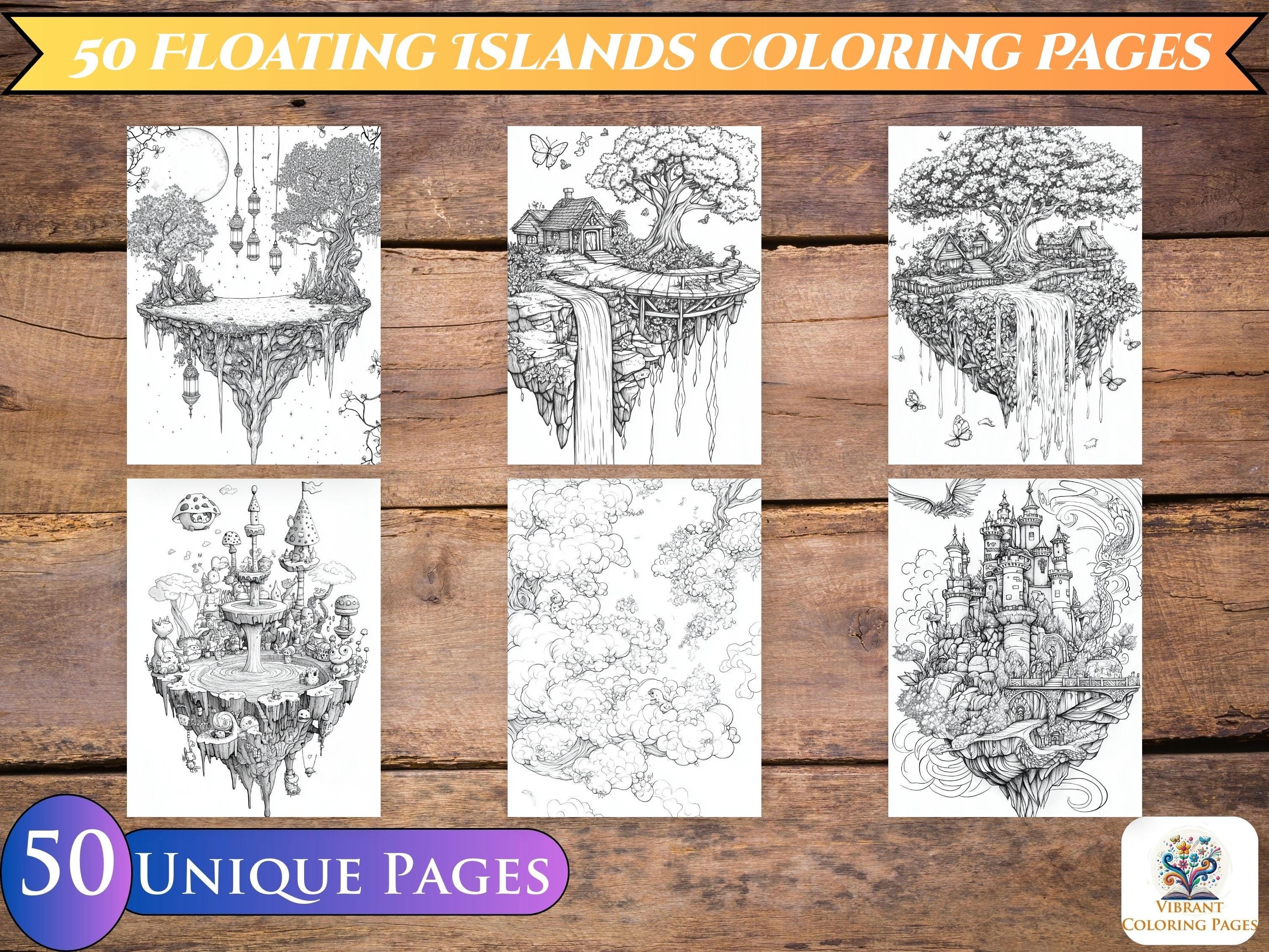 50 Floating Islands Coloring Pages – Enchanting Adult Coloring Book ...