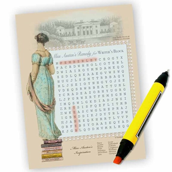 Jane Austen Party Game Wordsearch Puzzle Jane Austen Tea | Etsy