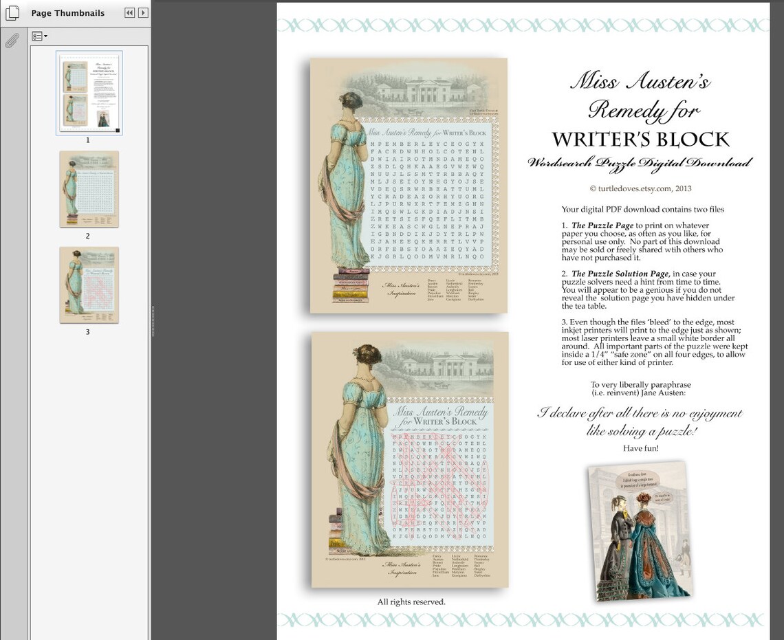 Jane Austen Party Game - Wordsearch Puzzle - Jane Austen Tea Game ...