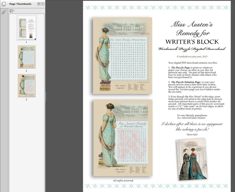 Jane Austen Party Game - Wordsearch Puzzle - Jane Austen Tea Game ...