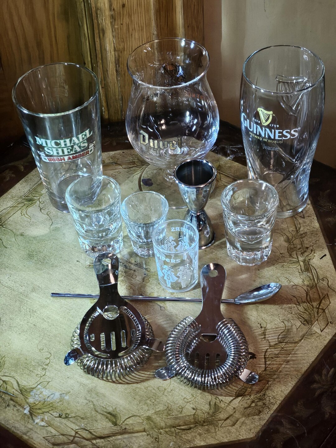 Vintage Set of Barware Items: Beer Glasses, Shot Glasses, Jigger ...