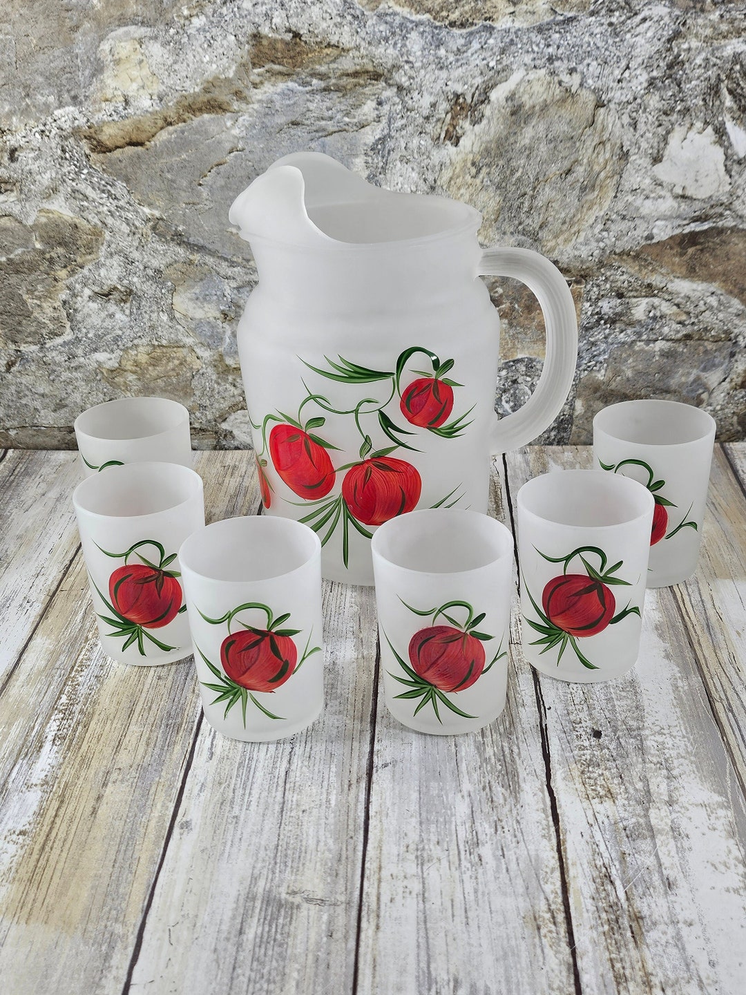 Vintage Frosted Juice Set: Pitcher and Six Glasses, Tomato Motif - Etsy
