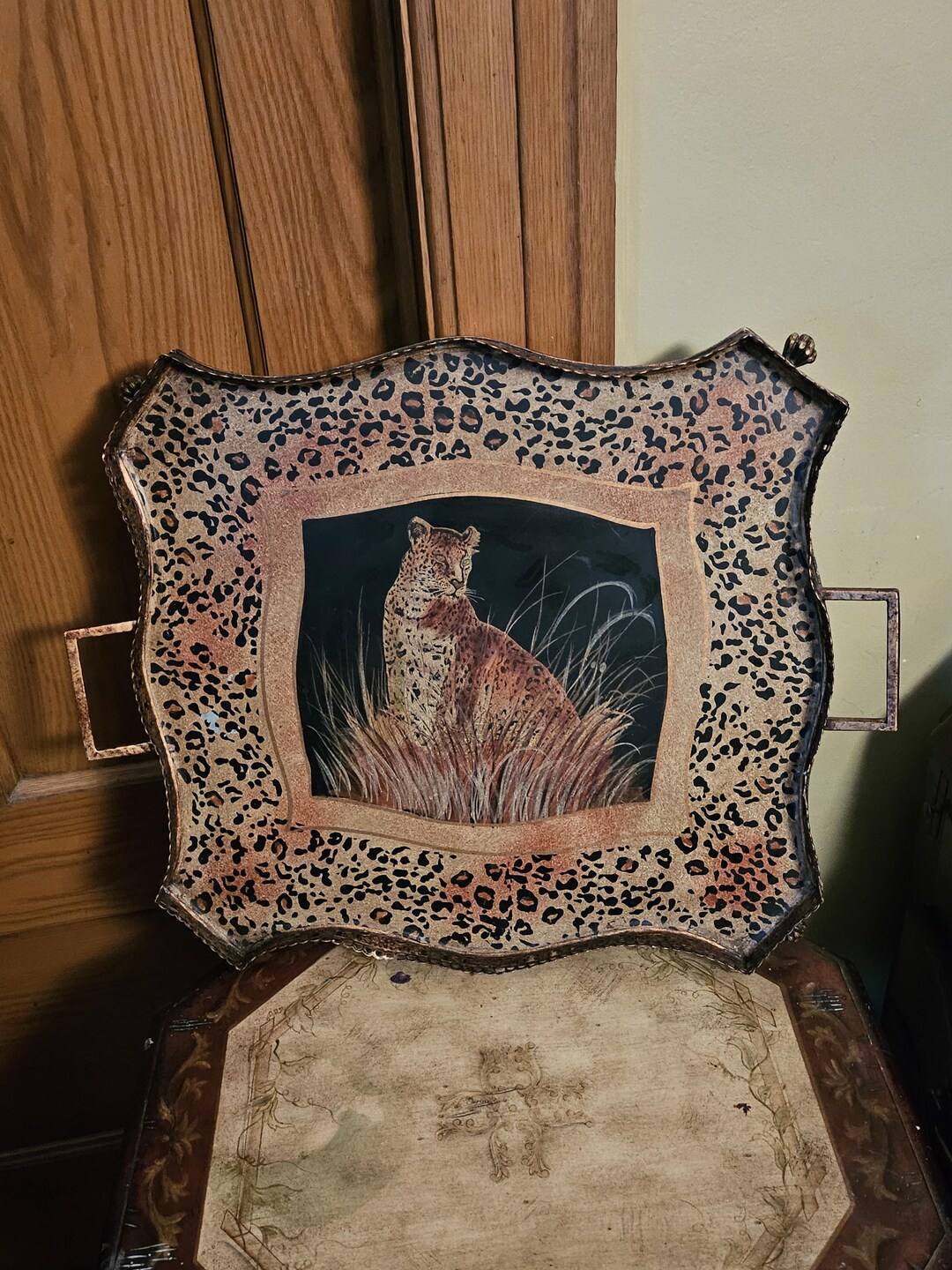 Vintage Large Gold Tone Metal Leopard Serving Tray And/or Display Tray ...