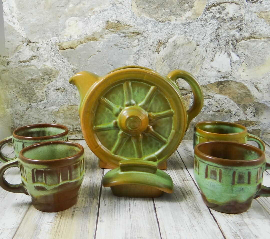Frankoma Prairie Green Wagon Wheel Tea Set - Etsy