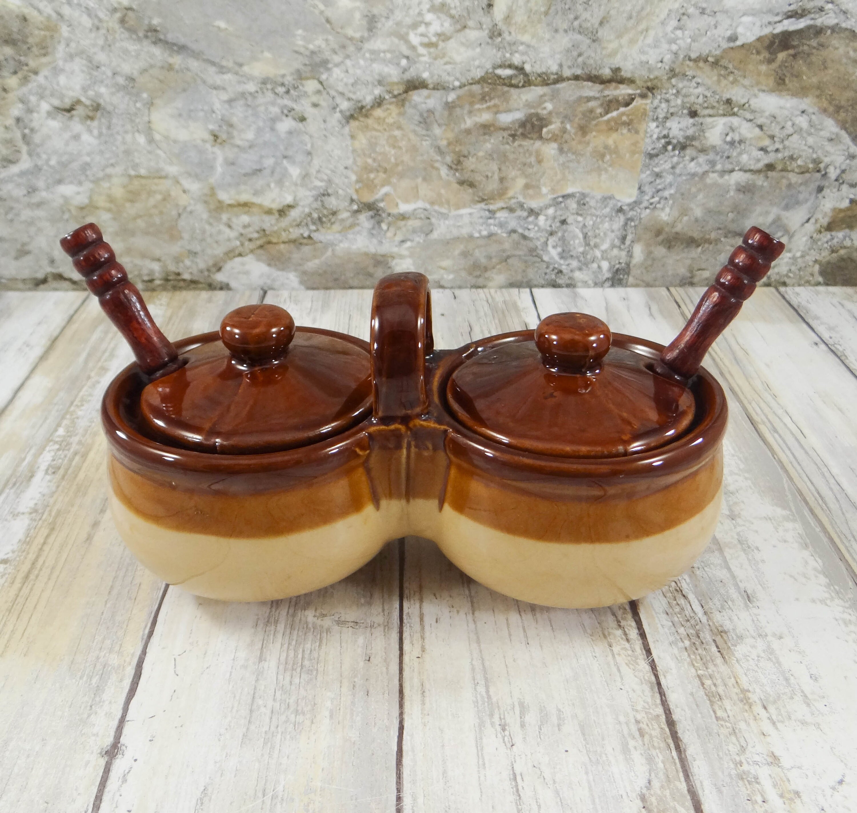 Vintage Stoneware Double Pot Condiment Server with Spoons Kitchen ...