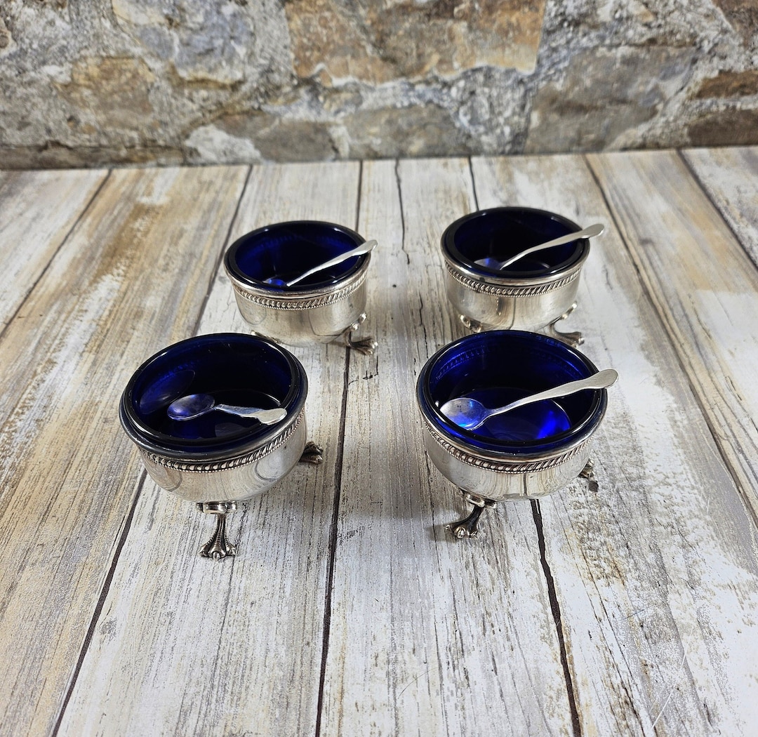 Set of 4 Vintage Sterling Silver Salt Cellars by M. Fred Hirsch Co. With Cobalt Blue Glass ...