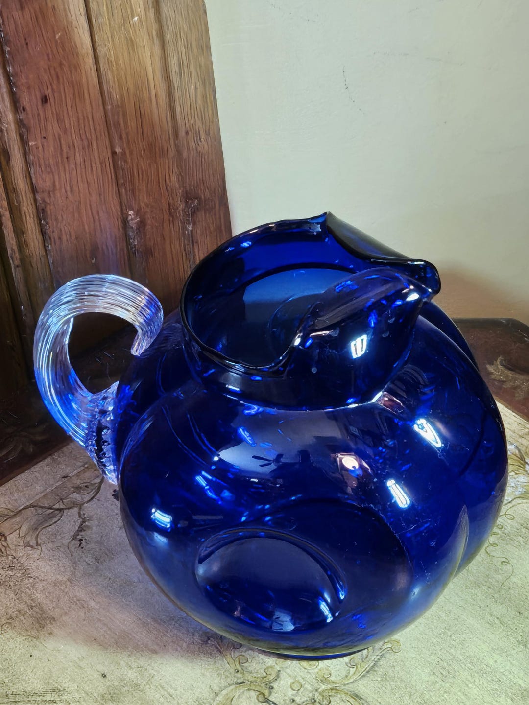 Vintage Cobalt Blue Ball Glass Pitcher.....very Stylish - Etsy