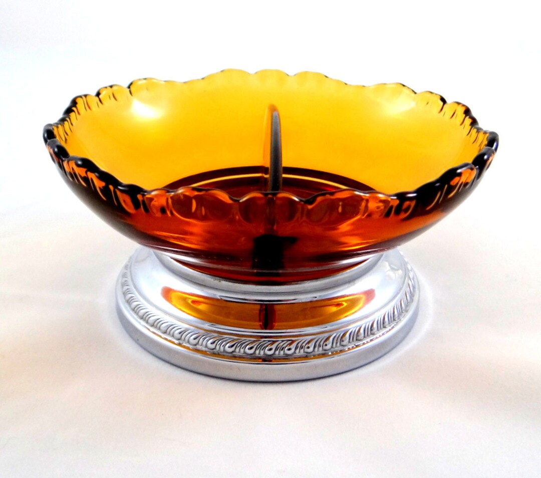 Mid Century Amber Glass and Chrome Divided Dish, Cambridge Glass ...