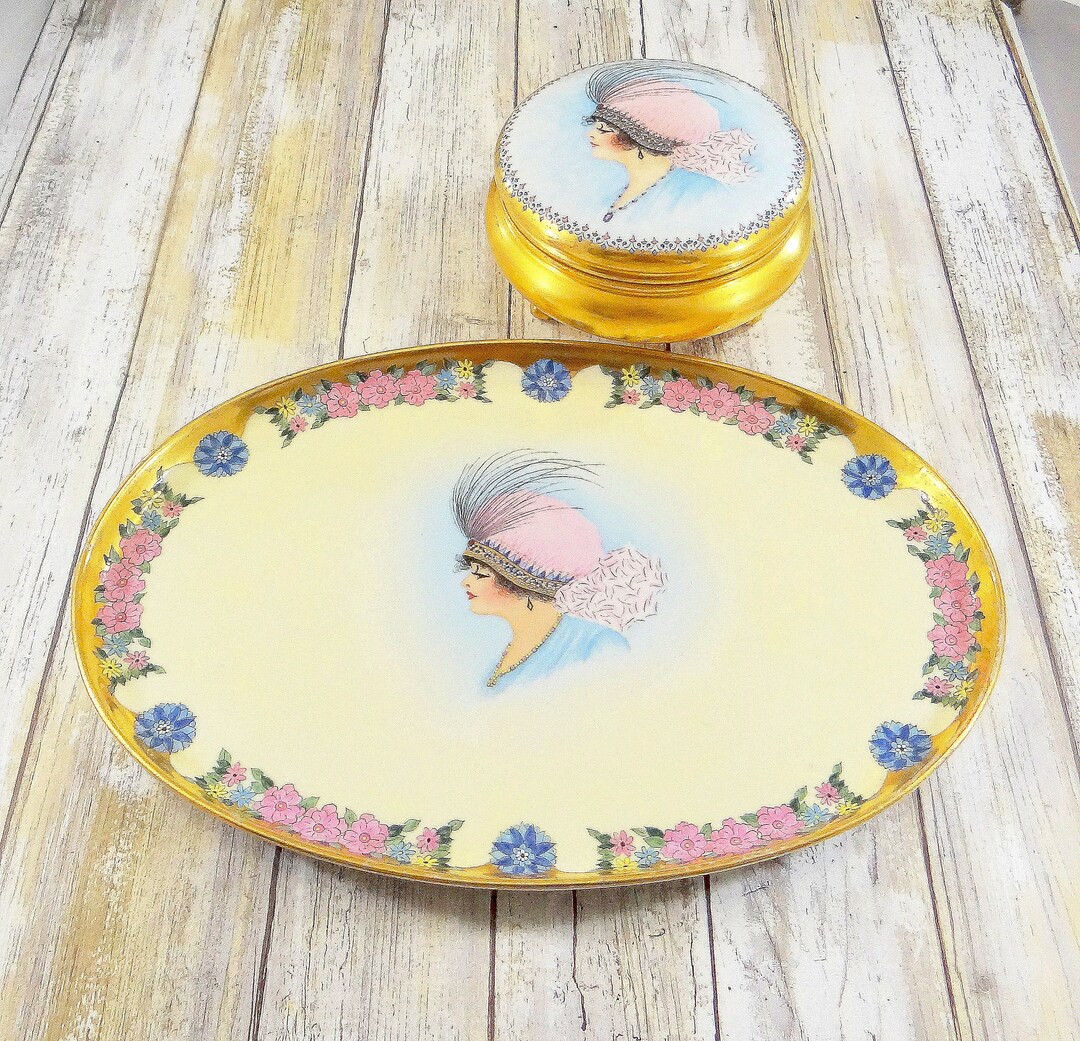 Antique Porcelain Dressing Table Tray and Matching Powder Bowl and ...