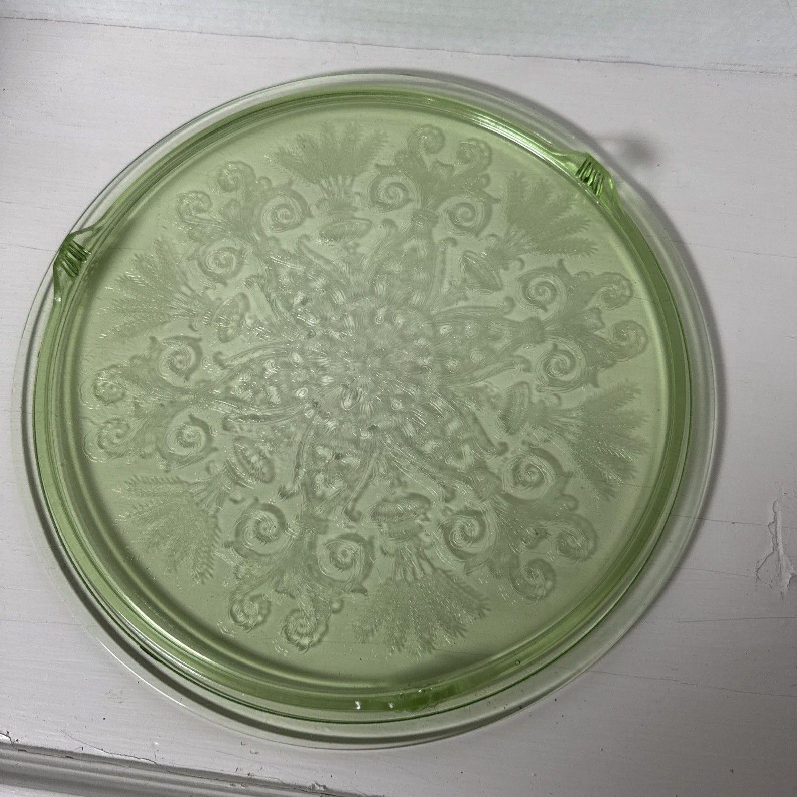 Vintage Uranium Depression Glass Cake Floral Green Wheat Scroll Stand ...