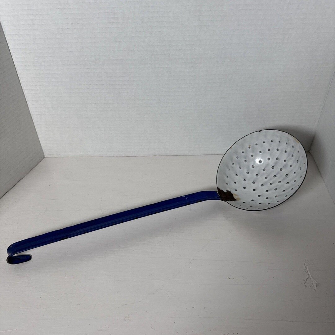 Vintage Cobalt Blue White Enamelware Ladle Spoon Dipper Colander 17 ...