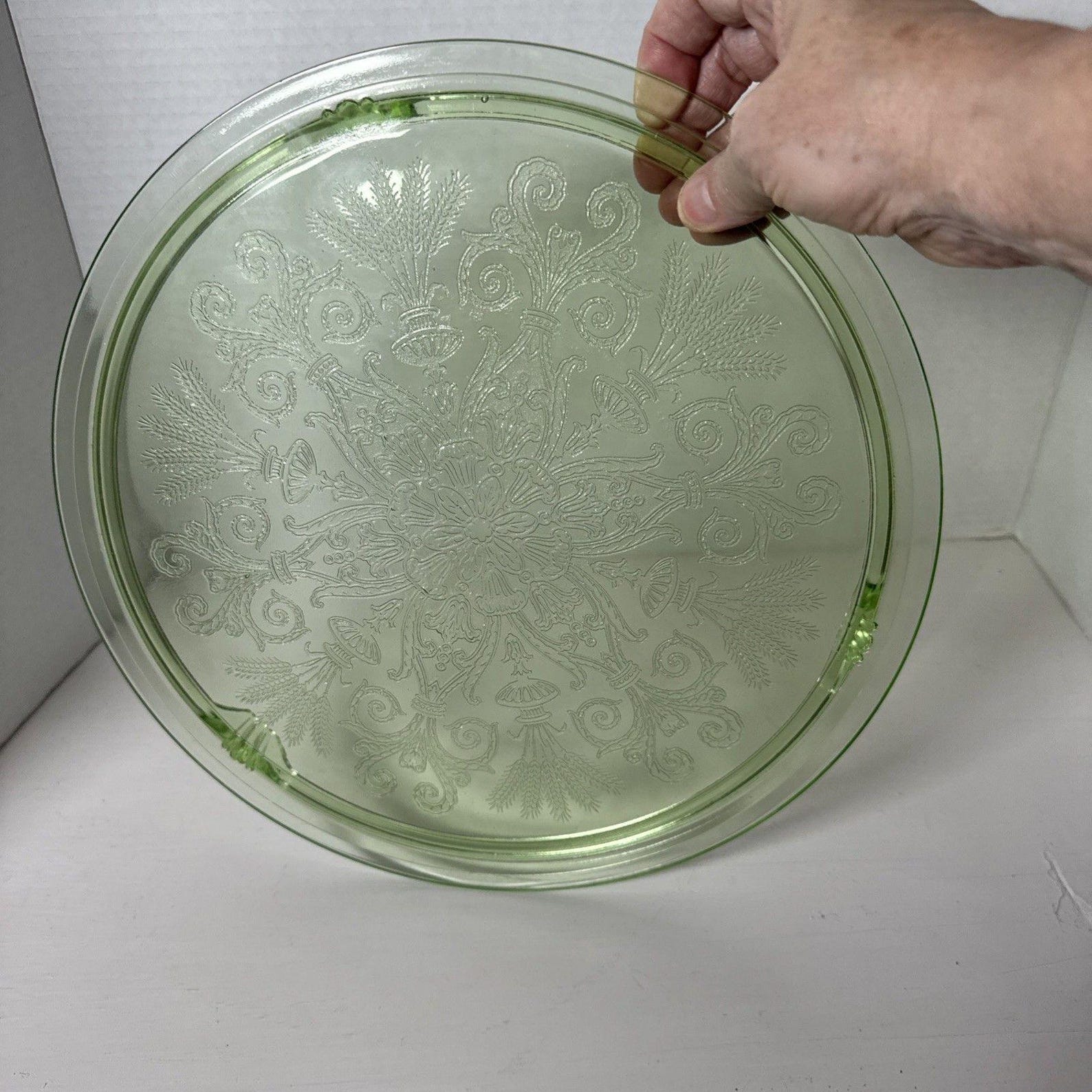 Vintage Uranium Depression Glass Cake Floral Green Wheat Scroll Stand ...