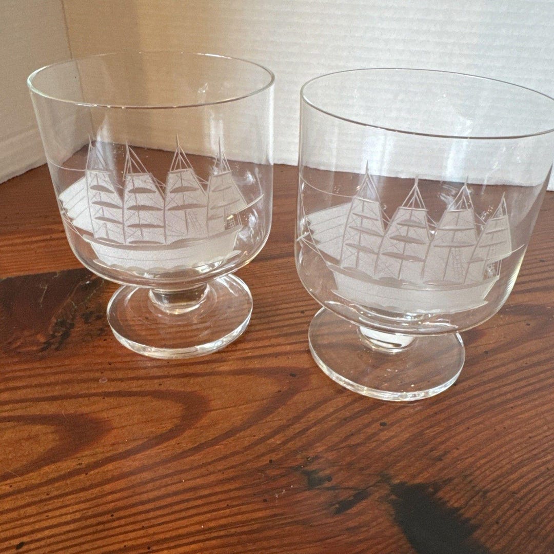 2 Toscany Romania Clipper Ship Etched Crystal Barrel Footed Whiskey ...