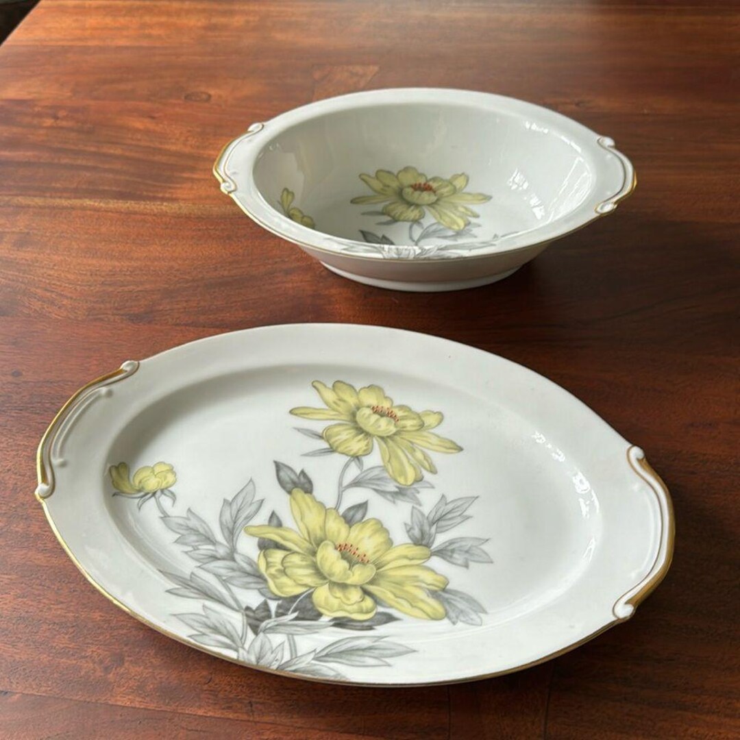 Yellow Mimosa Flowers on Fine China by Japan Serving Platter and Bowl ...