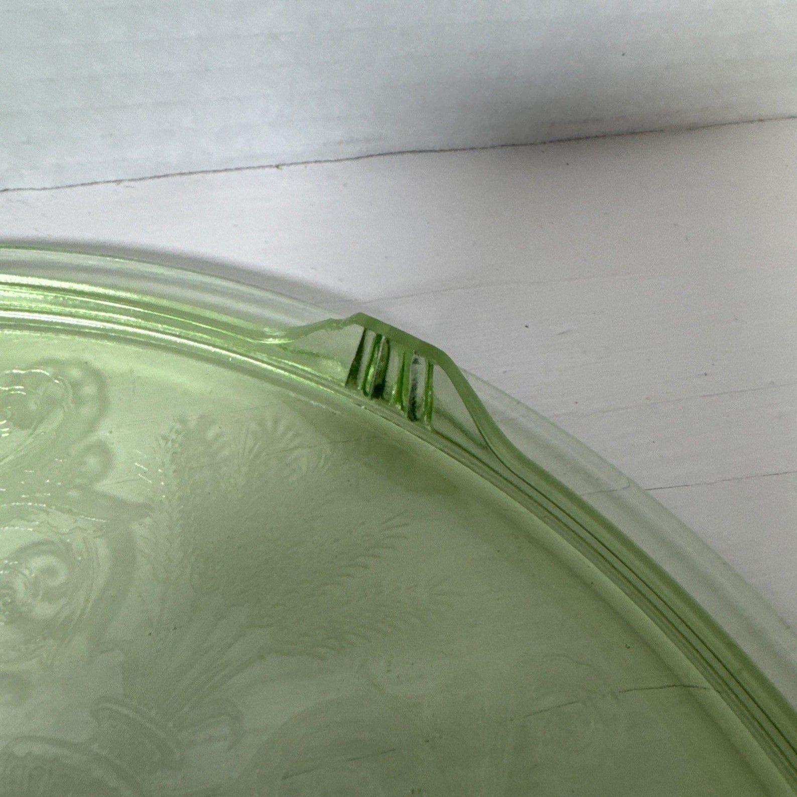 Vintage Uranium Depression Glass Cake Floral Green Wheat Scroll Stand ...