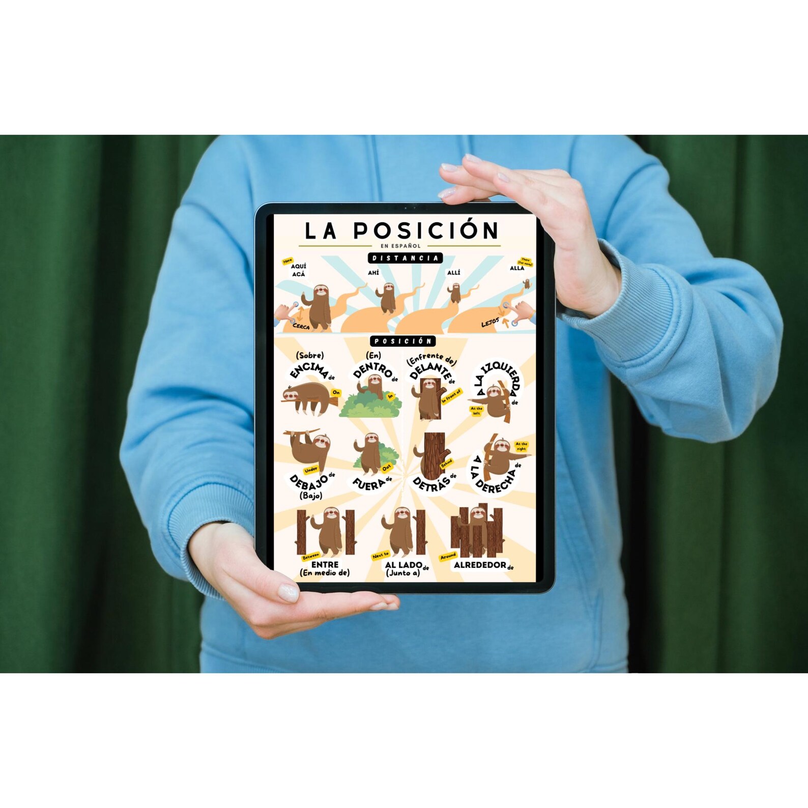 Spanish Prepositions Poster: Sloth Illustrations for Kids (digital ...