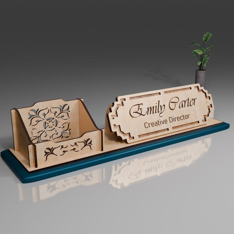 Laser Cut Desk Name Plate With Card Holder, Personalized Office Sign ...
