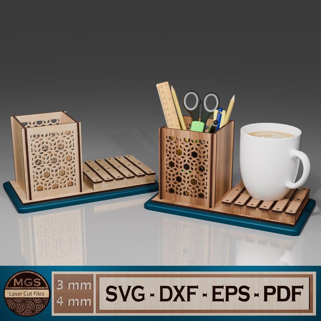 Laser Cut Pencil Holder With Coaster Holder SVG File, Multipurpose Desk ...