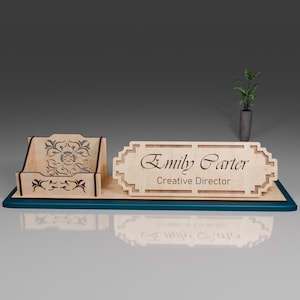 Laser Cut Desk Name Plate With Card Holder, Personalized Office Sign ...