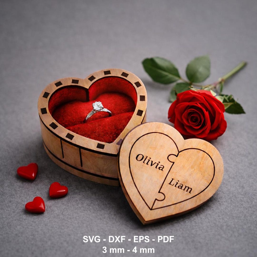 Heart Puzzle Ring Box Laser Cut Files, Jewelry Box SVG for Valentines ...