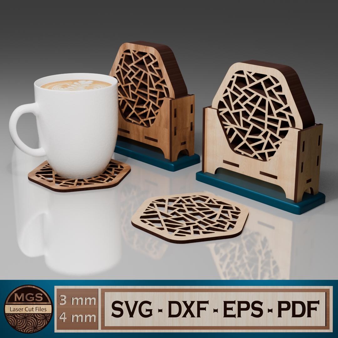 Laser Cut Hexagon Coaster SVG File With Holder, Geometric Drink Coaster ...