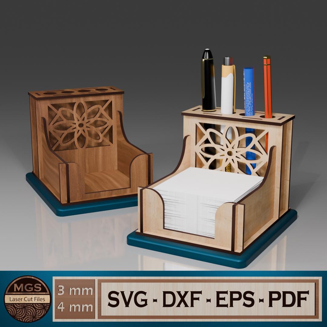 Laser Cut Pen Holder With Sticky Note SVG File, Pen Holder With Note ...