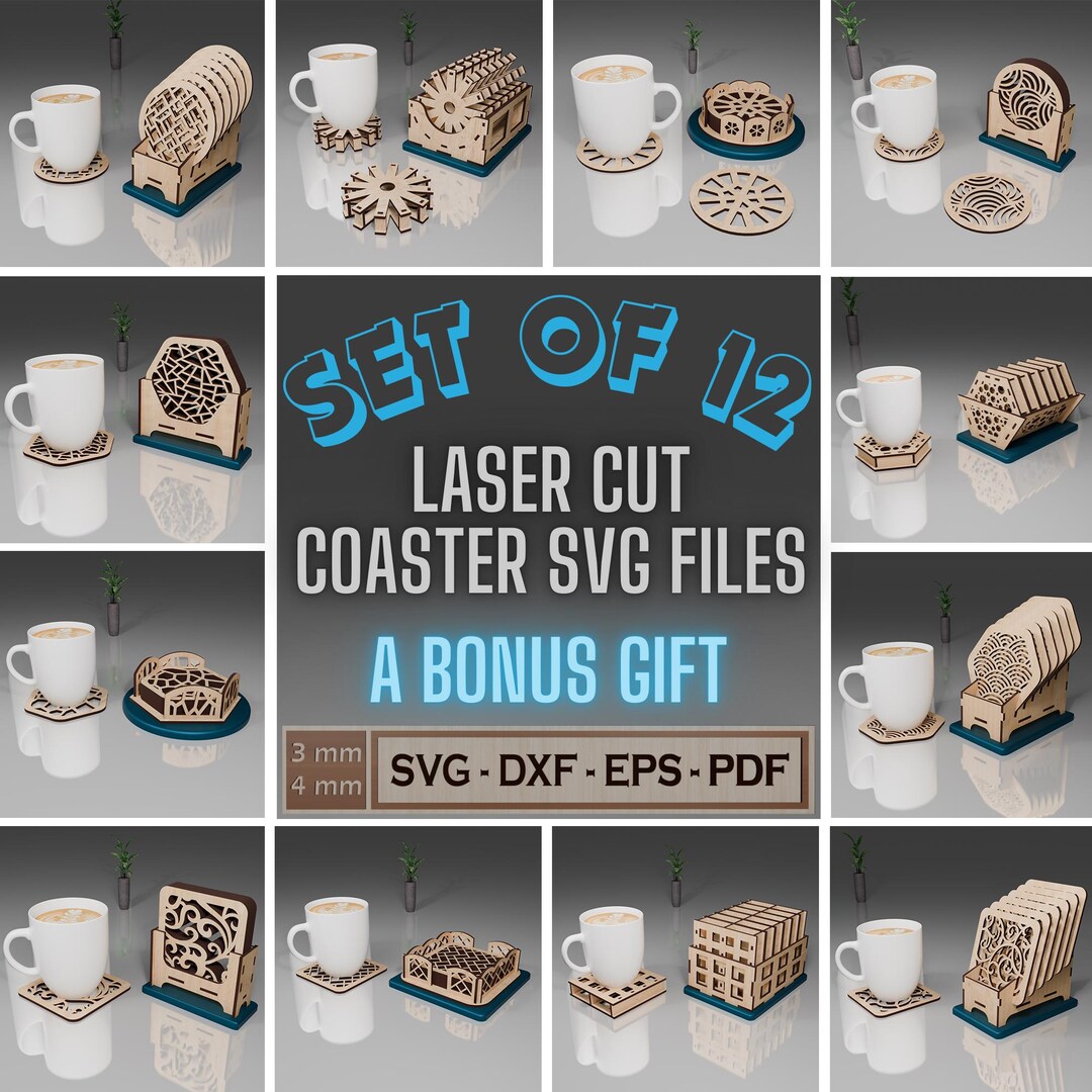 Laser Cut Coaster Bundle SVG File, Set of 12 Coaster Holder Digital ...