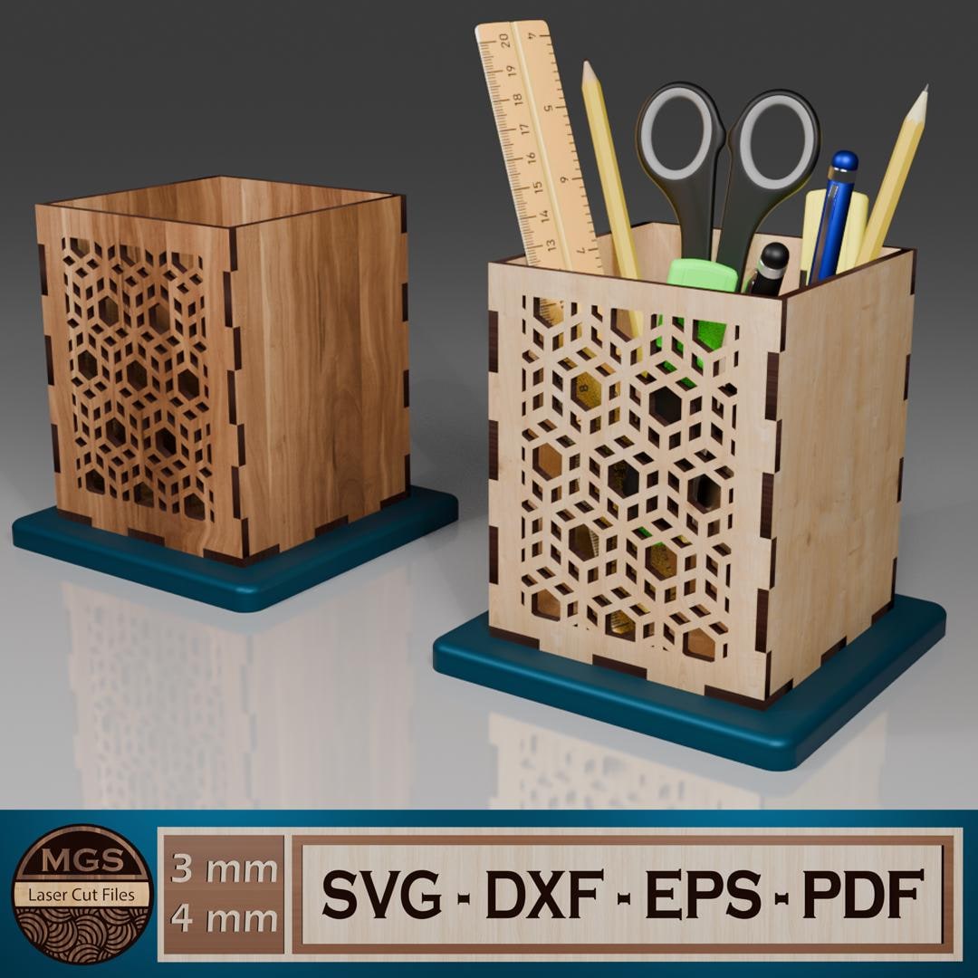 Laser Cut Pencil Holder SVG File, Desk Organizer Digital Template ...