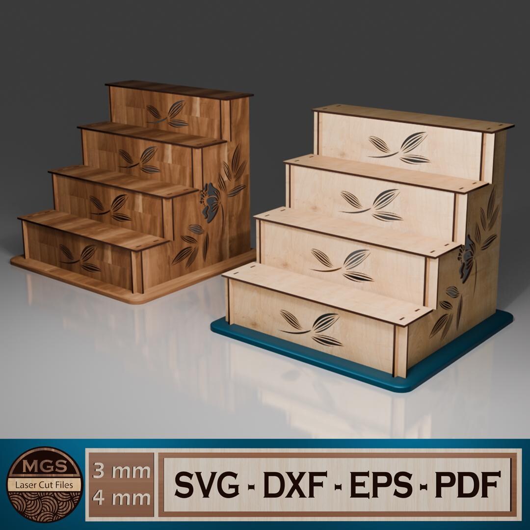 Laser Cut Display Stand SVG File, 4-step Flower and Leaf Decorated ...