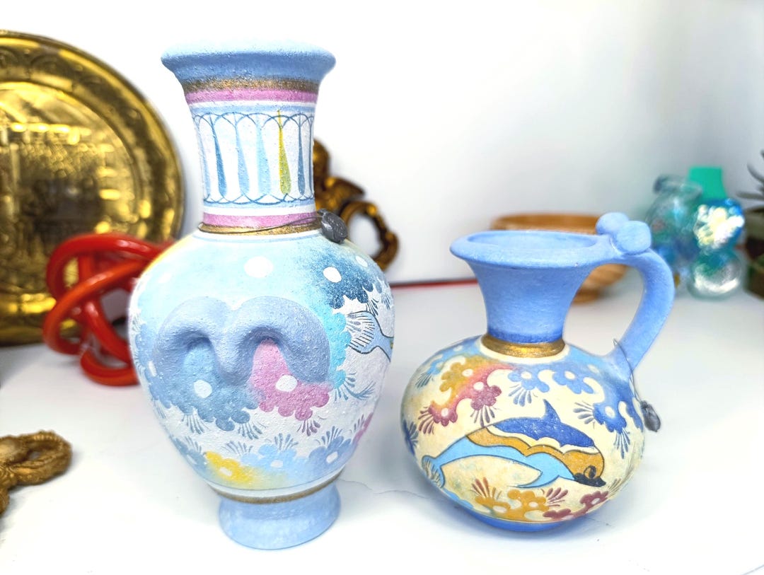 Vintage Greek Ceramic Vase & Pitcher Set | Hand-painted Dolphin ...