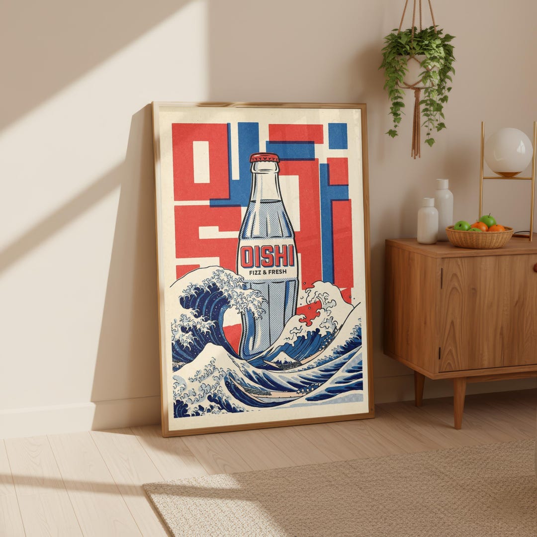 Oishi Soda Great Wave Poster | Japanese Retro Drink Wall Art | Vintage ...
