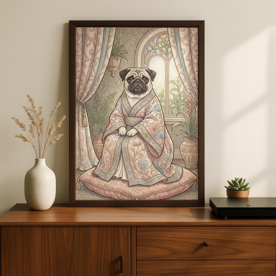 Victorian Pug Silk Robe Poster | Royal Dog Portrait Wall Art Print ...