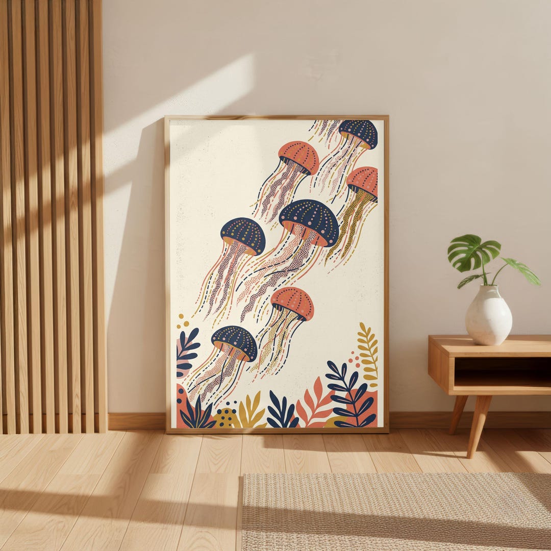 Floating Jellyfish Parade Poster | Cute Ocean Wall Art Print | Retro ...